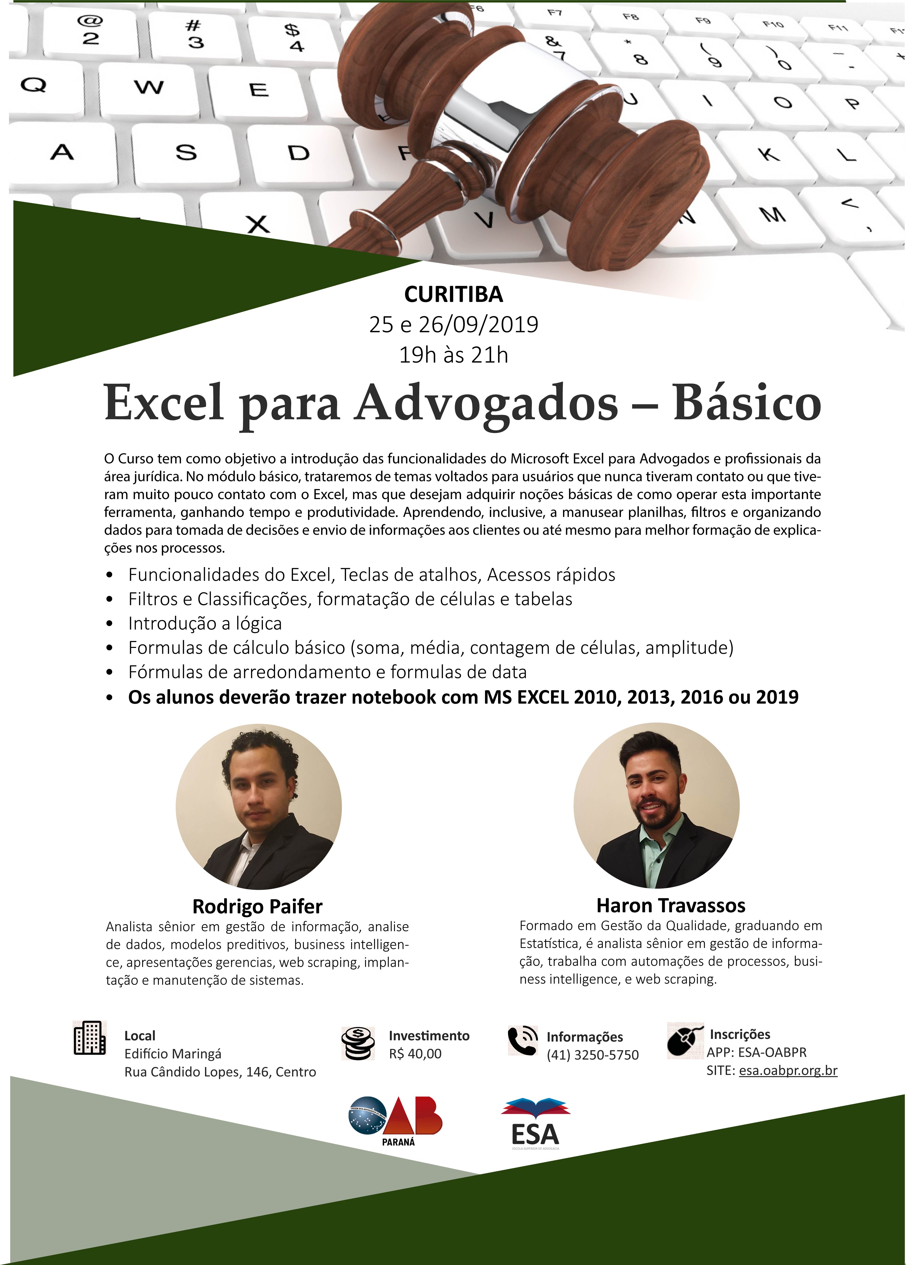 Curso Excel para Advogados – Básico (25 e 26/09) | ESA